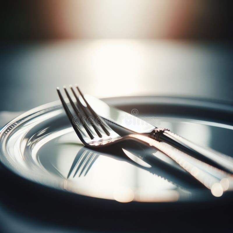 Knife and Fork Rest on White Ceramic Plate, in Close-up Place Setting ...