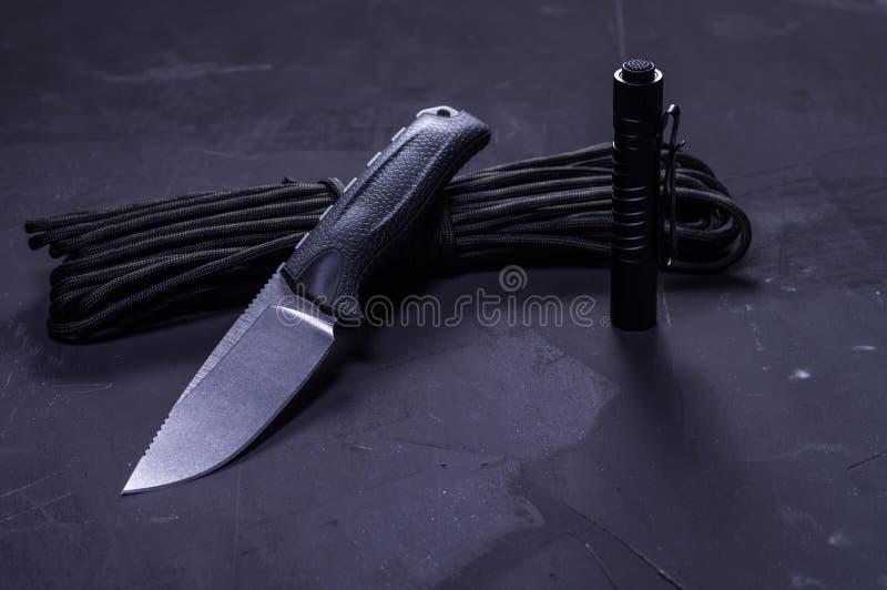 Knife, Paracord and Flashlight. Tools for Night Adventures Stock Image ...