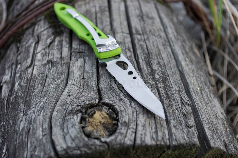 Knife with a Serration Blade. Old Gray Stump Stock Image - Image of ...