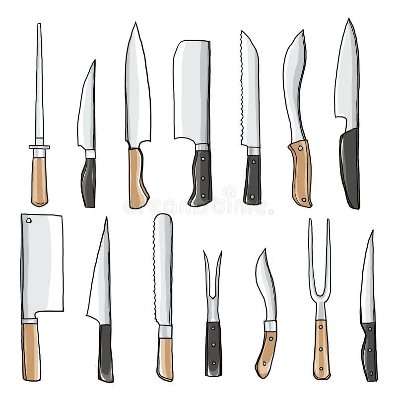 Knife Sets Kitchen Tools Hand Drawn Cute Art Illustration Stock ...