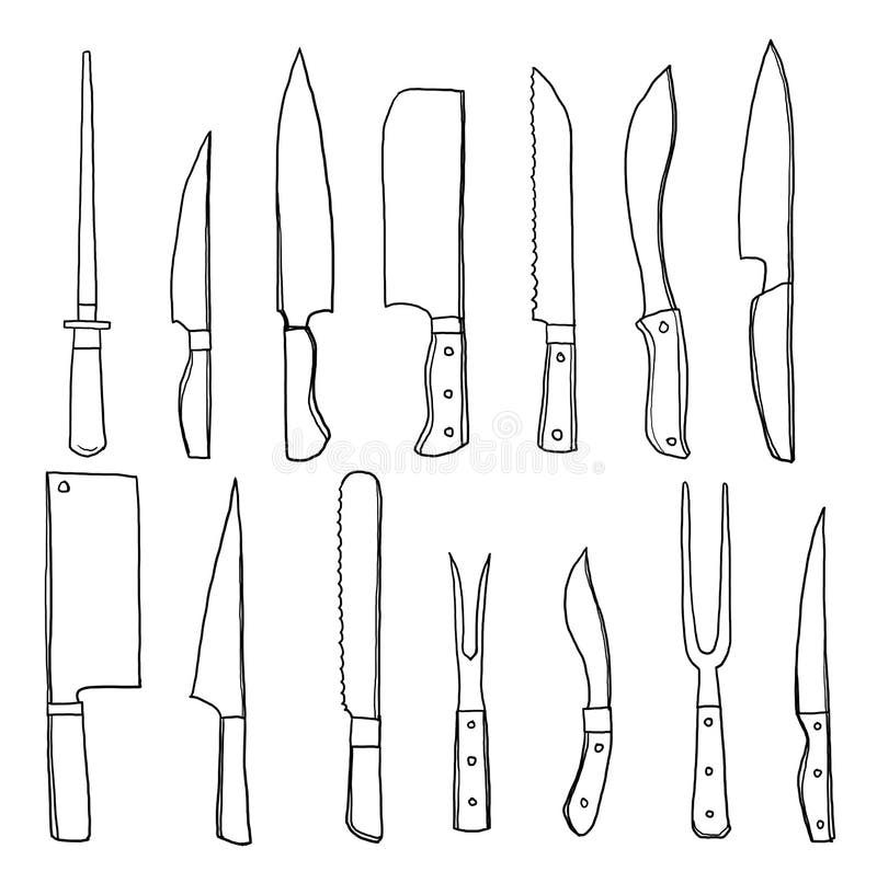 Knife Sets Kitchen Tools Hand Drawn Line Art Illustration Stock ...