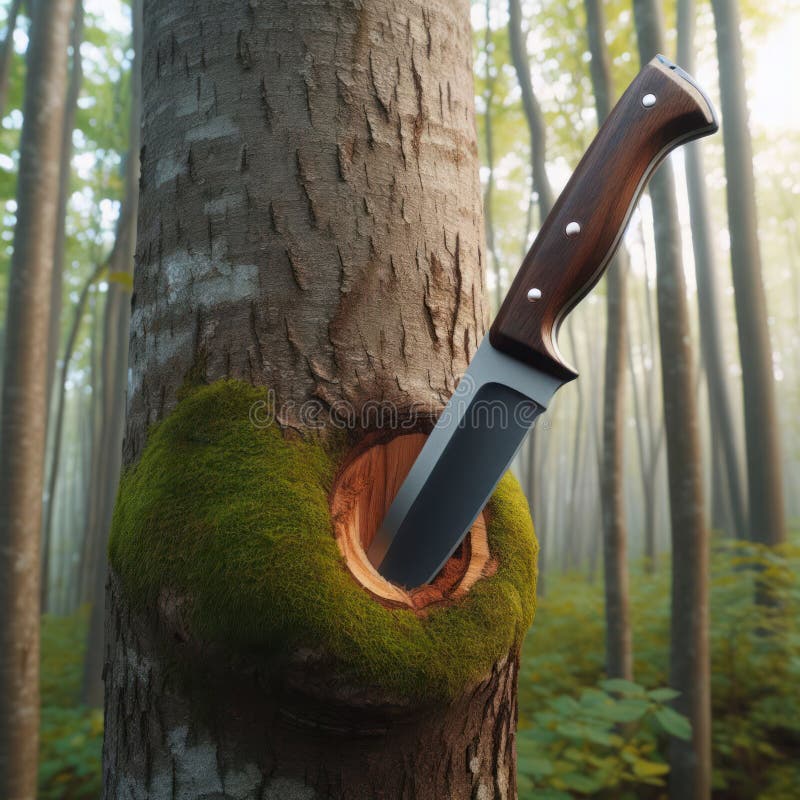 A Knife Stuck in a Tree in the Forest. Stock Image - Image of closeup ...
