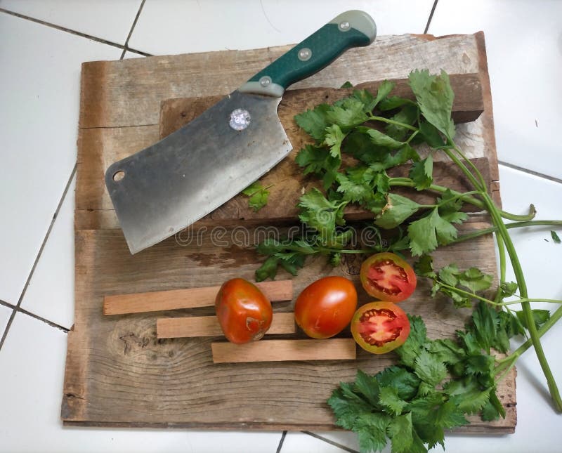 Knife, Vegetable and Tomato Take from Top View Stock Image - Image of ...