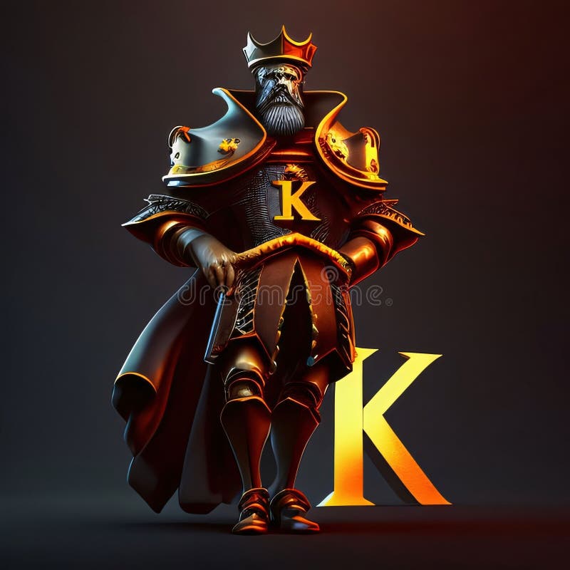 Knight in Armor with Crown. 3D Rendering. Black Background. Letter K ...