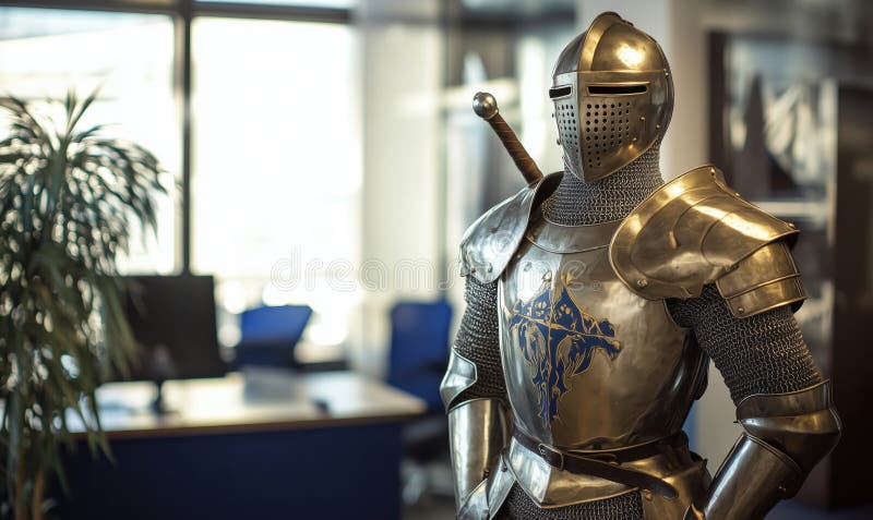 Knight Armor Display in Modern Office, Showcasing Medieval Design and ...