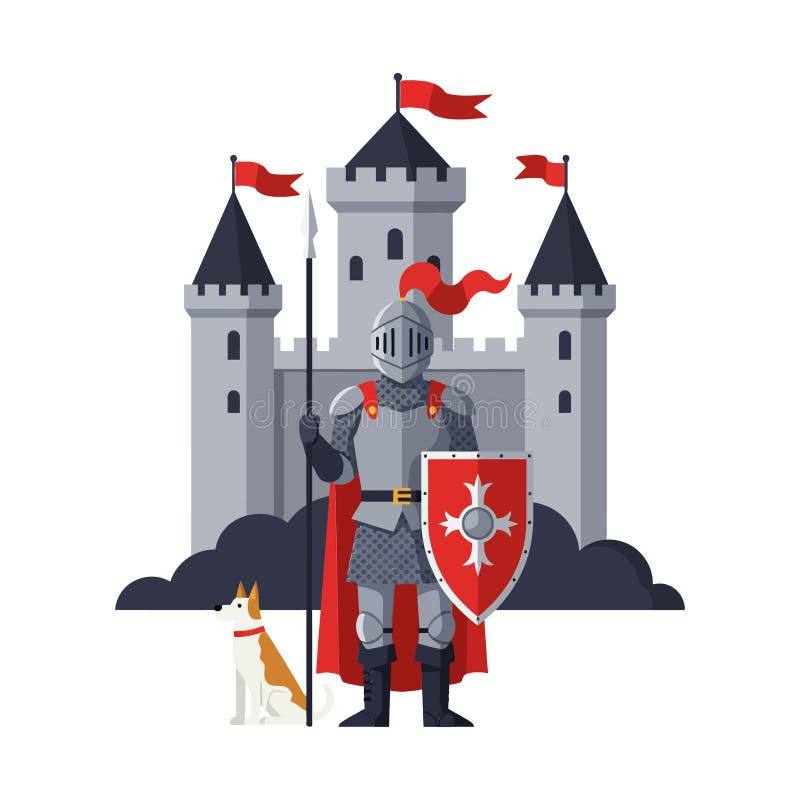Knight in Armor with Dog Standing before Castle in Flat Vector Art ...