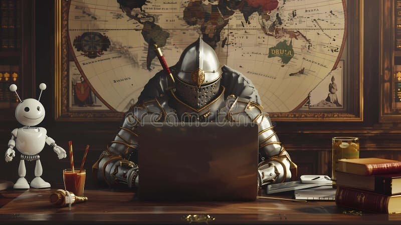 Knight in Armor with a Laptop on the Table, Generative AI Illustrations ...