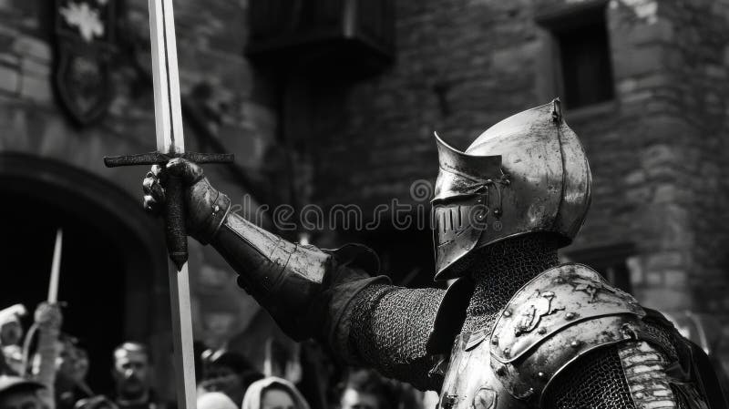 Knight in Armor Raising a Sword with Pride in Historic Setting Stock ...