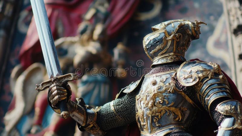Knight in Armor Raising a Sword with Pride in Historic Setting Stock ...