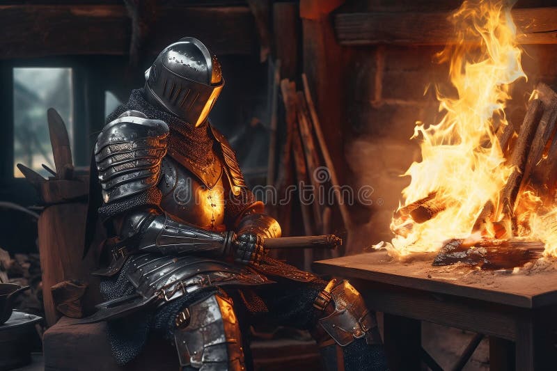 Knight in Armor Relaxing by the Fire. AI Stock Illustration ...