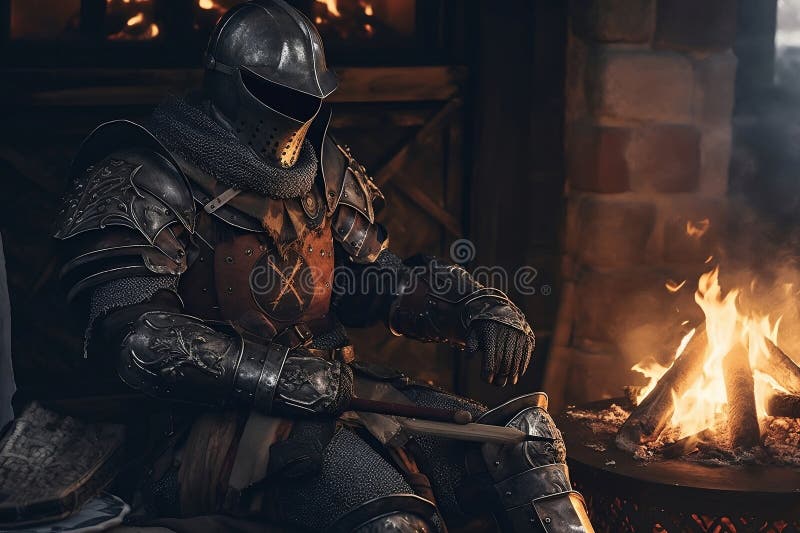 Knight in Armor Relaxing by the Fire. AI Stock Illustration ...