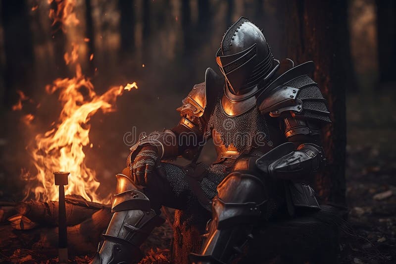 Knight in Armor Relaxing by the Fire. AI Stock Illustration ...