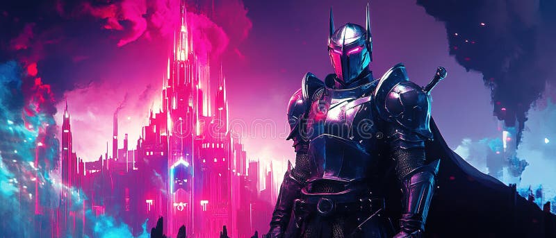 Knight in Armor Stands before a Glowing Castle with Pink and Blue Hues ...