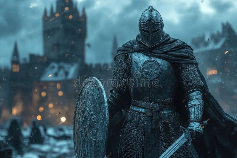 Knight in Armor Stands Resolute on a Battlefield with a Castle Backdrop ...