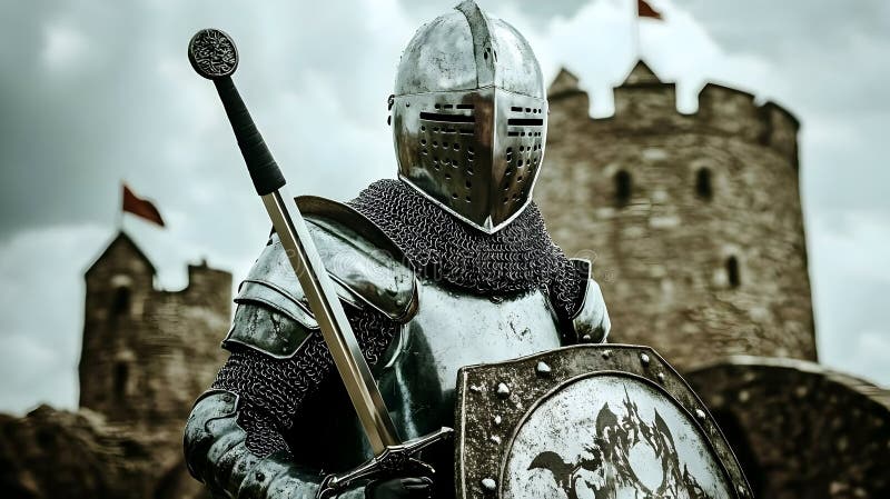 A Knight in Armor Stands with a Shield and Spear Near a Castle, Evoking ...
