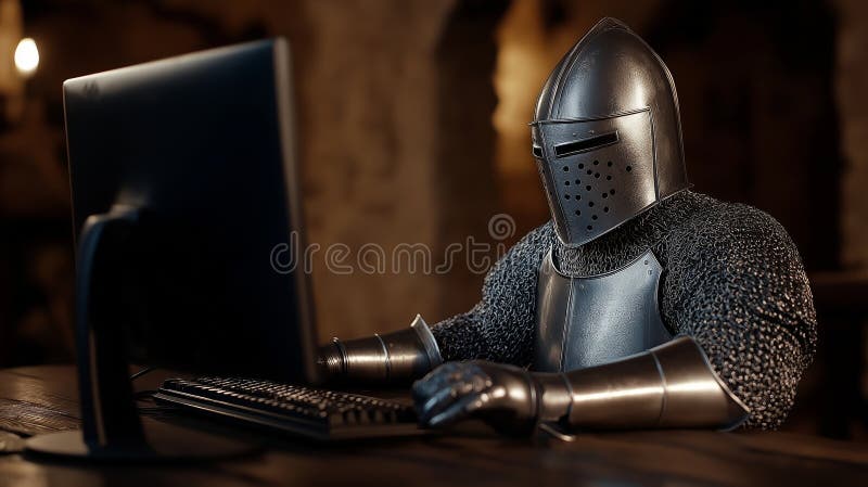 Knight in Armor Using Computer in Medieval Setting Stock Photo - Image ...