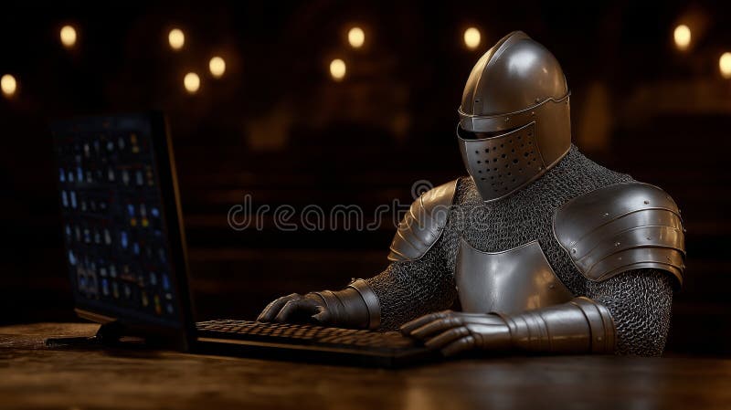 Knight in Armor Using Computer in a Medieval Setting at Night Stock ...
