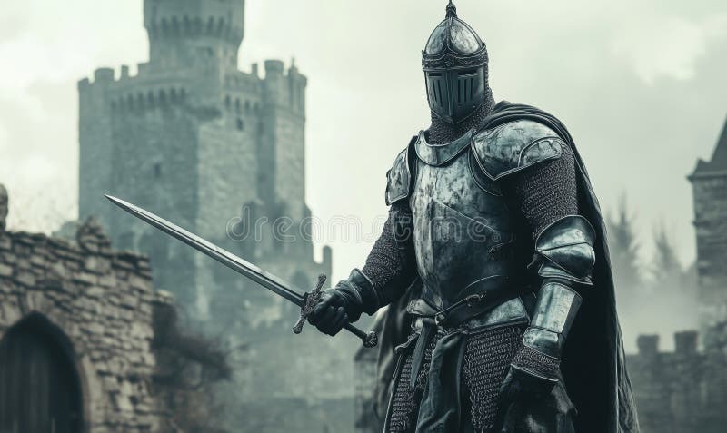 Knight in Armor Wielding Sword, Medieval Castle Backdrop, Dramatic ...