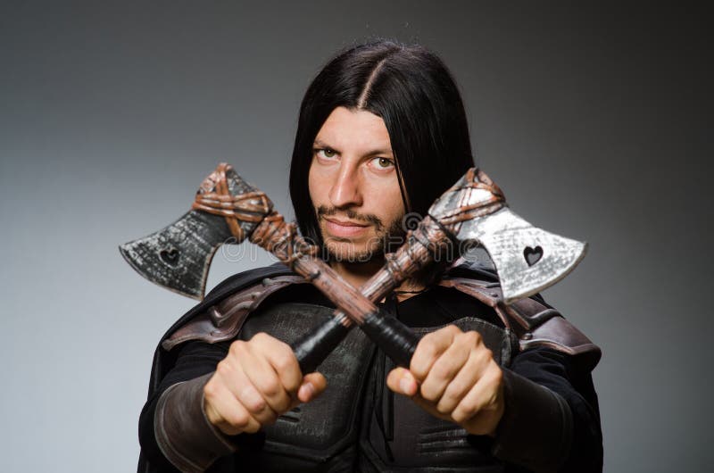 Knight with axe against stock photo. Image of aggressive - 46295462