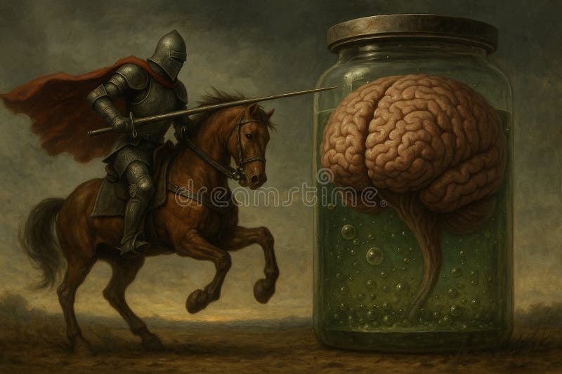 Knight Charging Toward a Brain in a Jar Stock Illustration ...