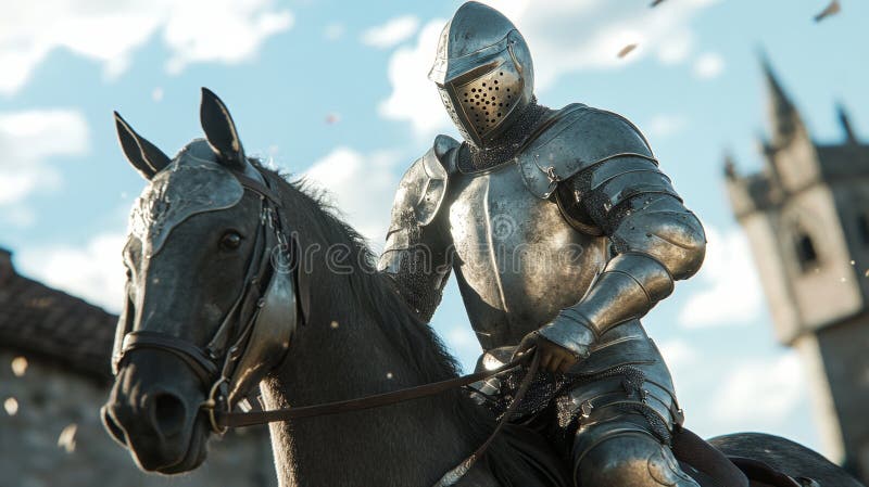 A Knight Clad in Polished Armor Confidently Rides a Strong Warhorse ...