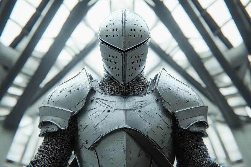 Knight in Silver Armor Stands in a Modern Architectural Setting with ...