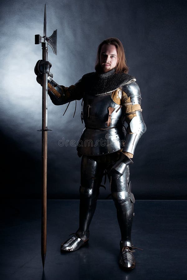 Portrait of Knight in Armor Standing in Old Monastery Stock Image ...