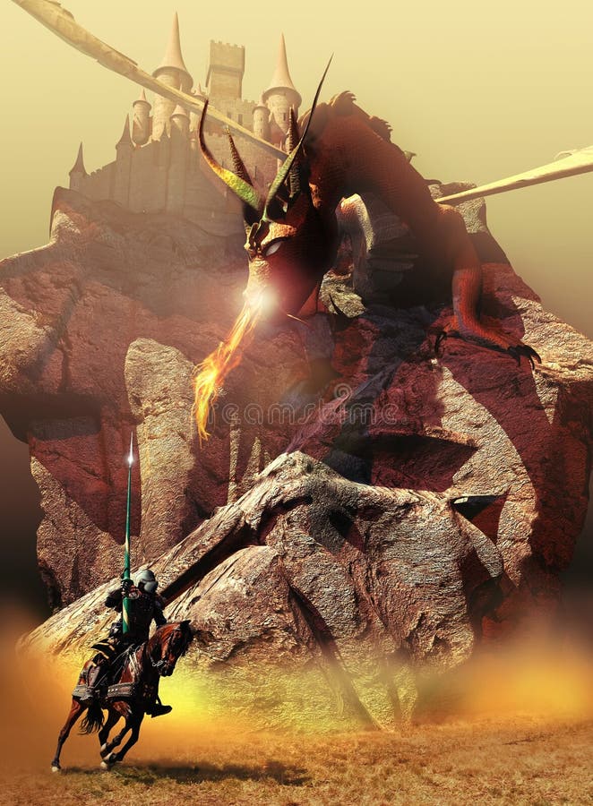 The Knight, the Dragon and the Castle Stock Illustration - Illustration ...