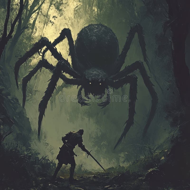 Knight Facing a Giant Spider in a Dark Forest Stock Photo - Image of ...