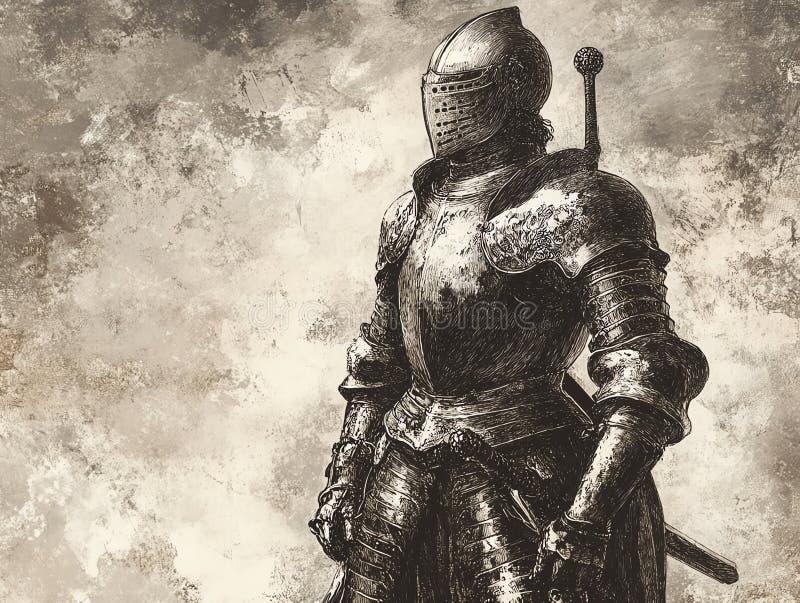 A Knight in Full Armor, Standing Tall in an Old Engraving Style, with ...