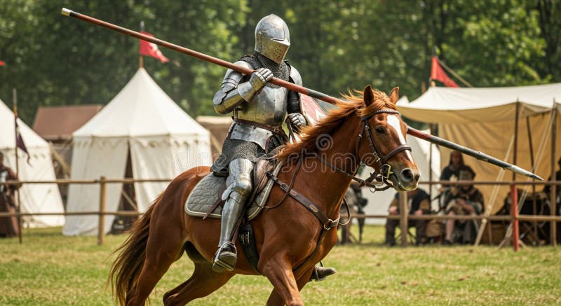A Knight in Full Plate Armor Rides a Brown Horse at Speed Stock ...