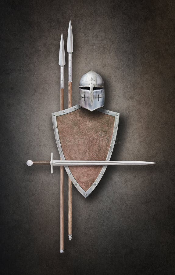 Sword Helmet Brown Shield and Lances Isolated on White Stock Image ...