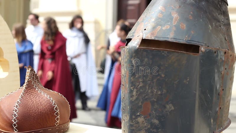 Knight`s Helmet on Table. Action. Medieval Items and Knight`s Helmet ...