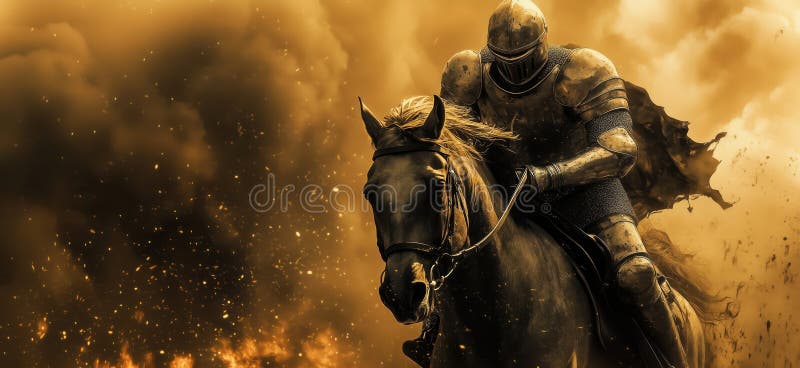 Knight on Horseback Amidst Flames and Smoke, Powerful Armor, Dramatic ...