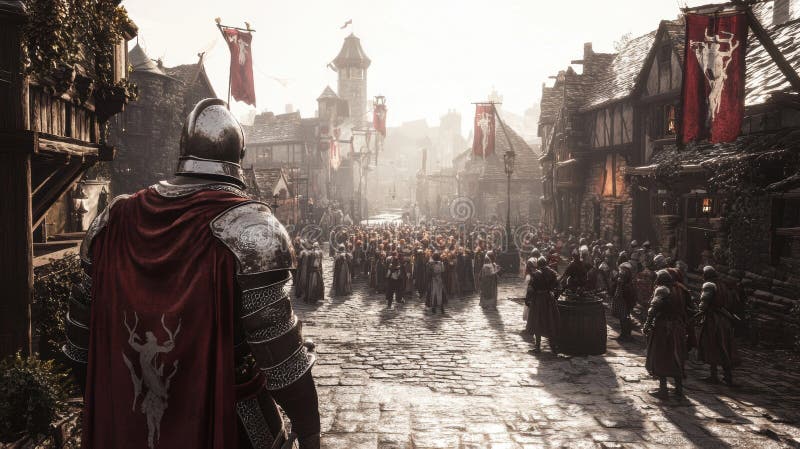 Knight Leading a Procession through a Medieval Town Square Stock ...