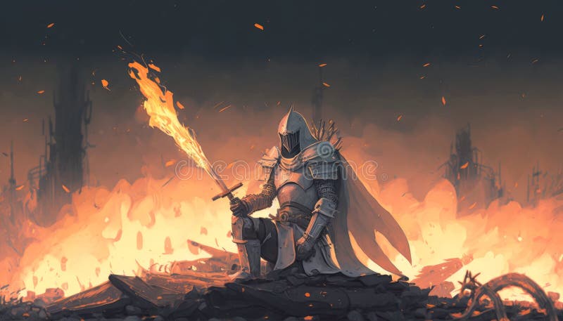 A Knight with a Magic Sword is Sitting by the Fire, Illustration ...