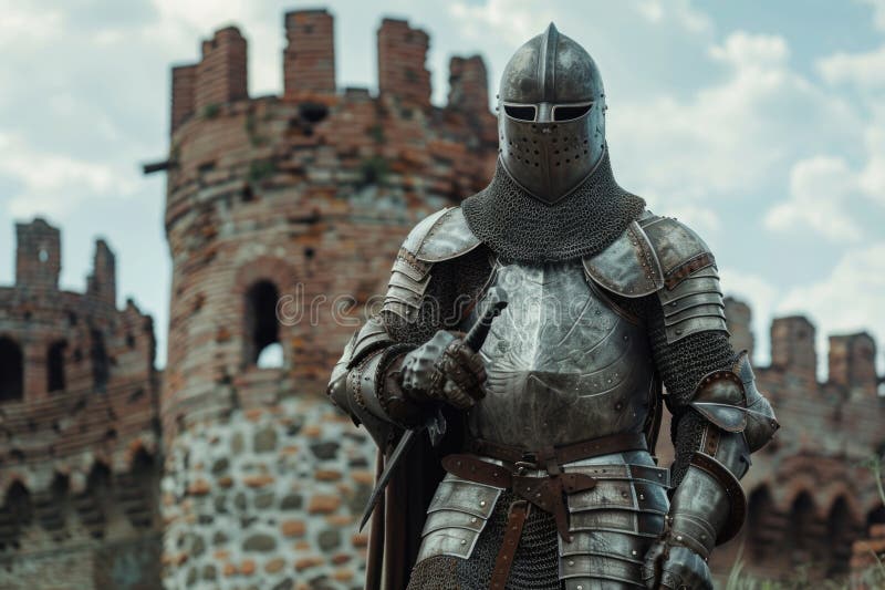 A Knight in Medieval Armor Stands in Front of a Grand Castle, Ready for ...