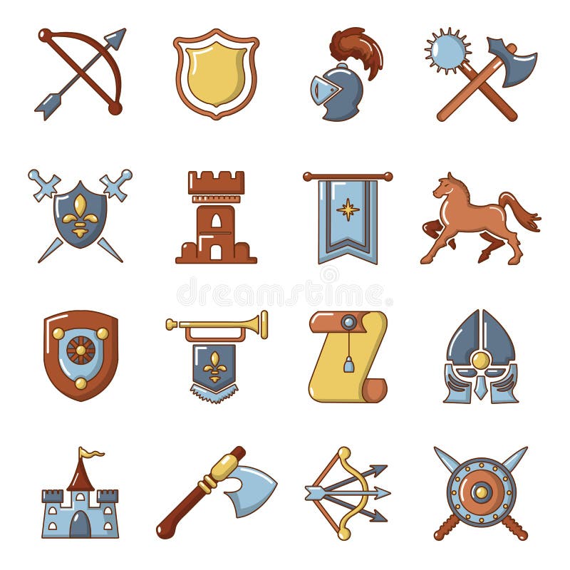 Knight Medieval Icons Set, Cartoon Style Stock Vector - Illustration of ...