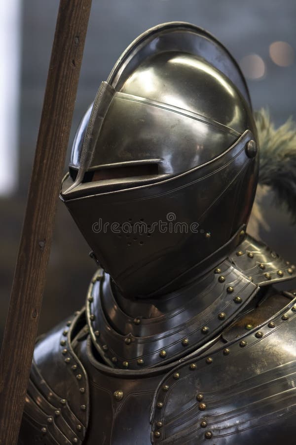 Knight in Metal Armor and Helmet with Closed Visor before the Fight ...