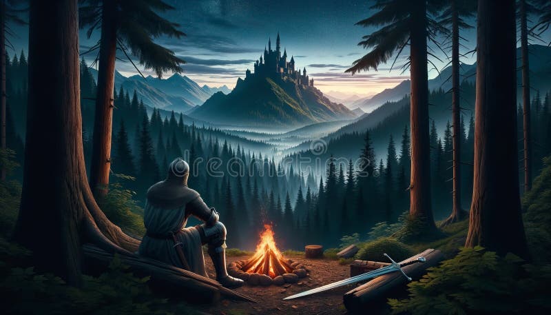 Knight Overlooking Campfire, Majestic Castle on Mountain, Starry Night ...