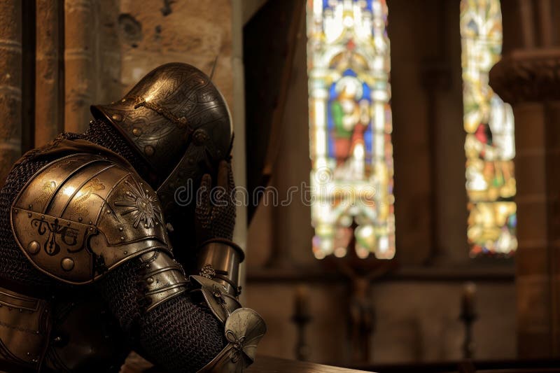 Knight in Prayer, Castle Chapel with Stained Glass in the Frame Stock ...