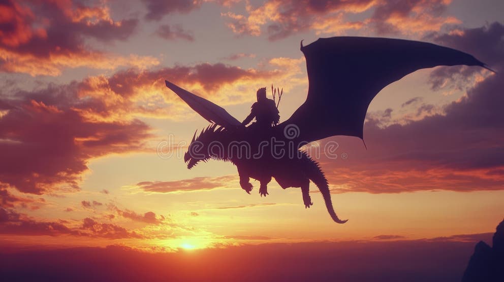 Knight Riding a Dragon through the Sky at Sunset Stock Illustration ...
