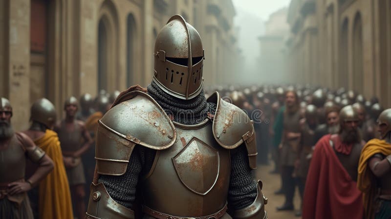 Knight in Rusty Armor Stands before a Crowd of People Stock ...