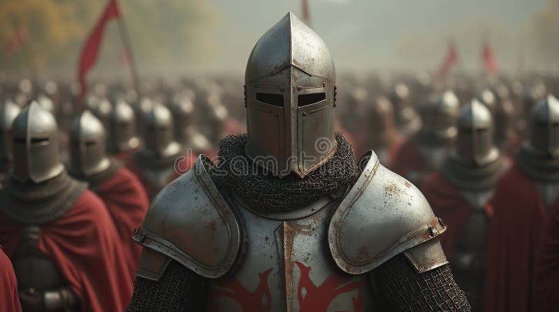 A Knight in Rusty Armor Stands before a Crowd of Soldiers Stock ...