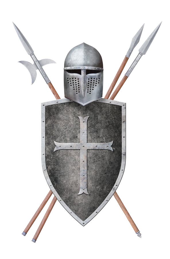 Knight S Helmet Shield Halberd and Two Spears Isolated on White Stock Illustration ...