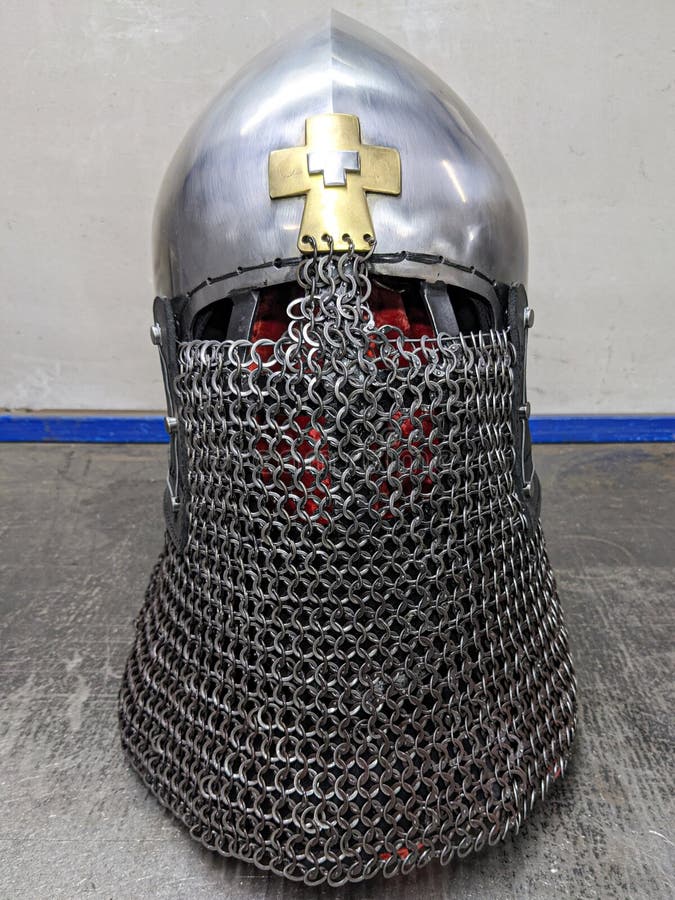 Knight S Metal Helmet with Aventail Chain Mail. Stock Photo - Image of ...
