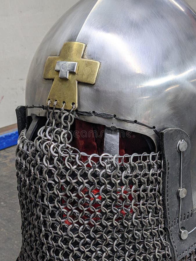 Knight S Metal Helmet with Aventail Chain Mail. Stock Photo - Image of ...
