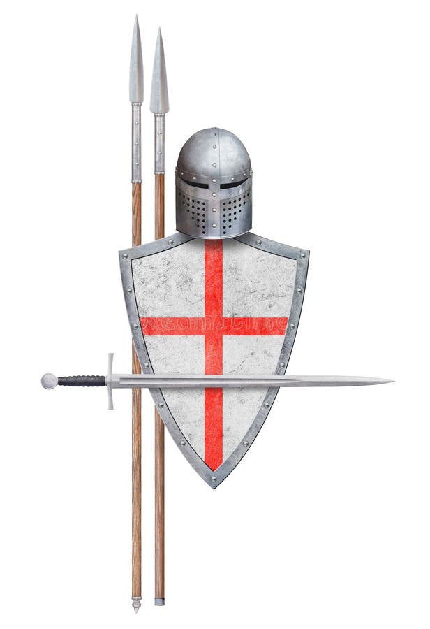 Knight S Sword Helmet Shield and Two Lances Isolated on White Stock ...
