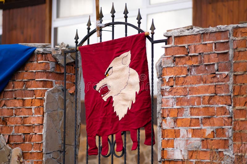 Knight`s Tournament. a Knight`s Red Flag with a White Wolf on the Iron ...