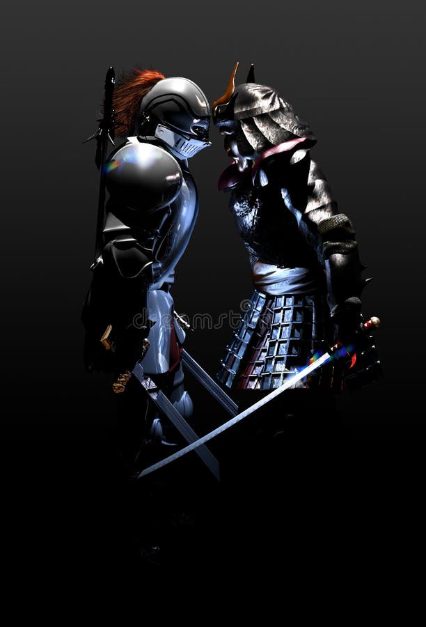 Knight and Samurai Confrontation Stock Illustration - Illustration of ...
